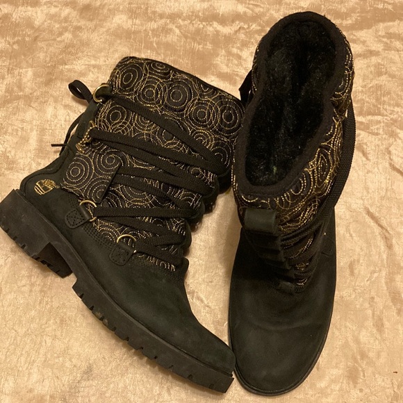 Timberland | Shoes | Timberland Quilted Fur Black Gold Boots | Poshmark